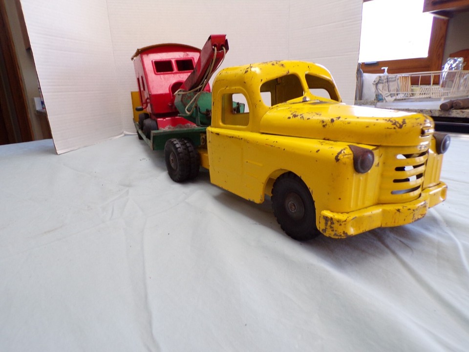 VINTAGE 50'S STRUCTO CONSTRUCTION TRUCK SET LOW BOY TRAILER, SHOVEL ...