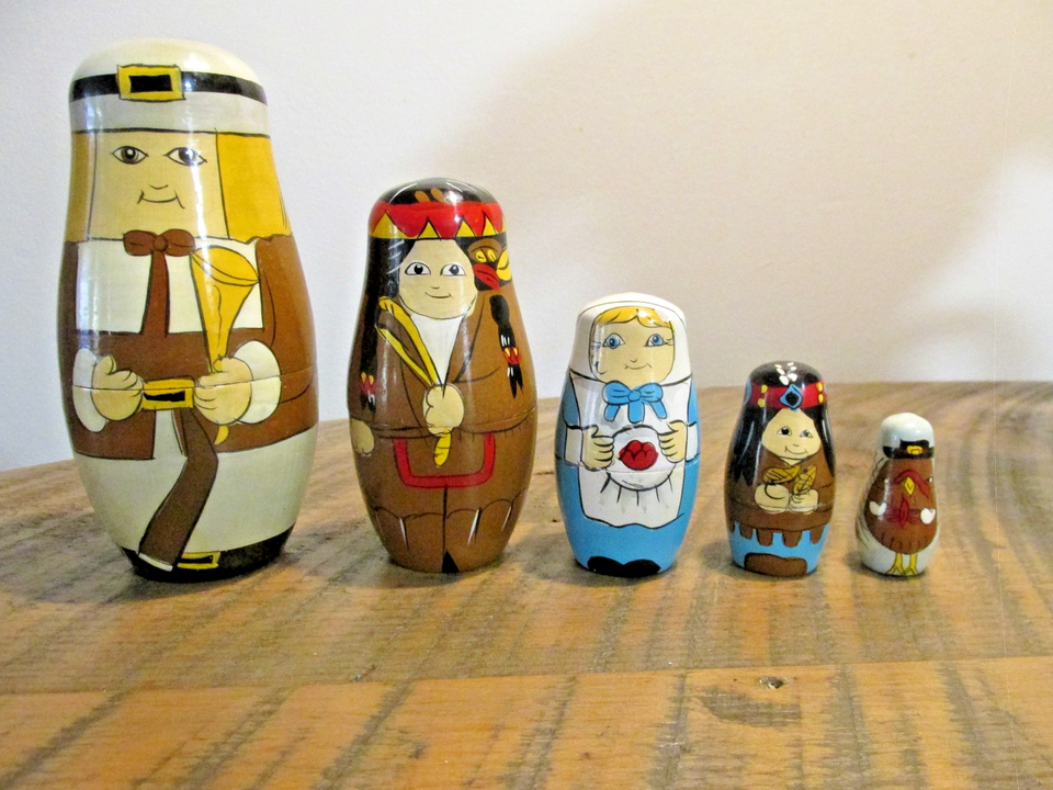 SET OF 5 THANKSGIVING PILGRIM, NATIVE AMERICAN, TURKEY WOODEN NESTING ...