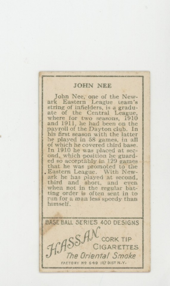 1911 T205 Tobacco Baseball John Nee Hassan Back Newark | eBay