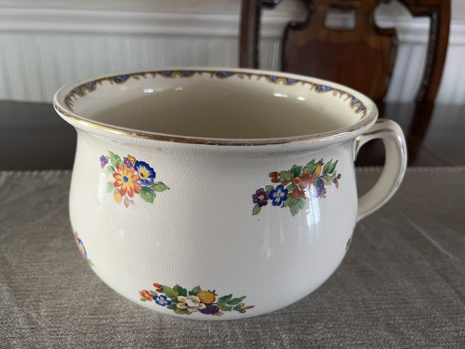 Vintage Antique White Hand painted Floral Chamber Pot Approx 8.5” W And ...