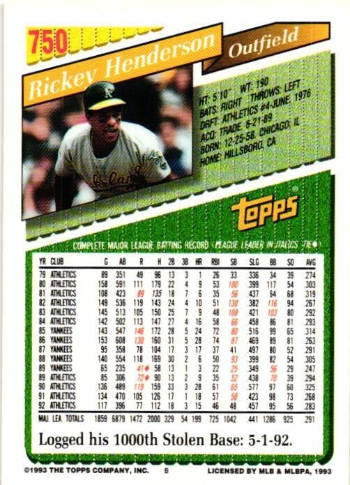 1993 TOPPS BASEBALL ALL STARS RICKEY HENDERSON #750 | eBay