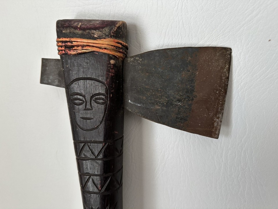 Ornamental Vtg Primitive Iron Axe Head Tomahawk w Hand Carved Wooden ...