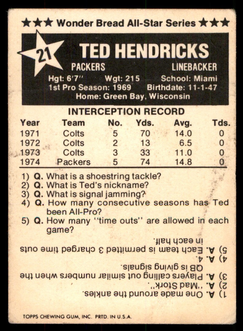 1975 WONDER BREAD TED HENDRICKS GREEN BAY PACKERS #21A | eBay