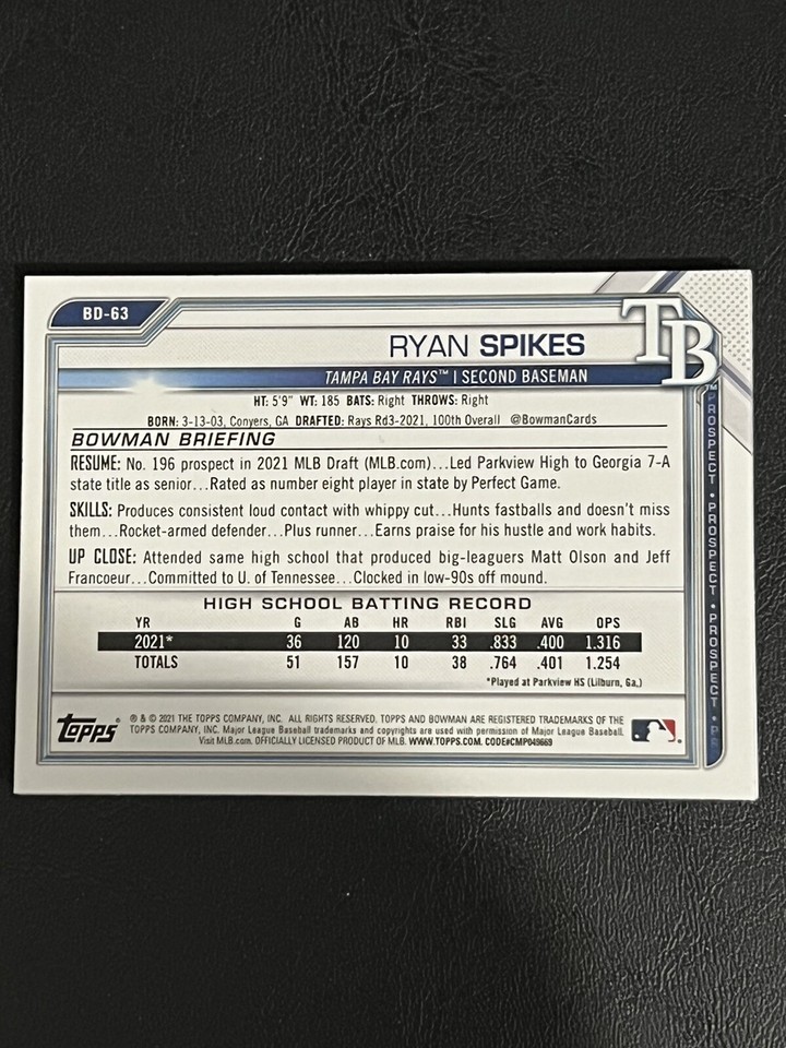 2021 Bowman Draft Ryan Spikes 1st Bowman Paper Tampa Bay Rays (Lot Of ...