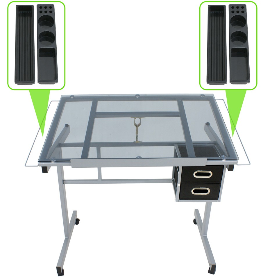 New Adjustable Drawing Desk Rolling Drafting Table Tempered Glass Top ...