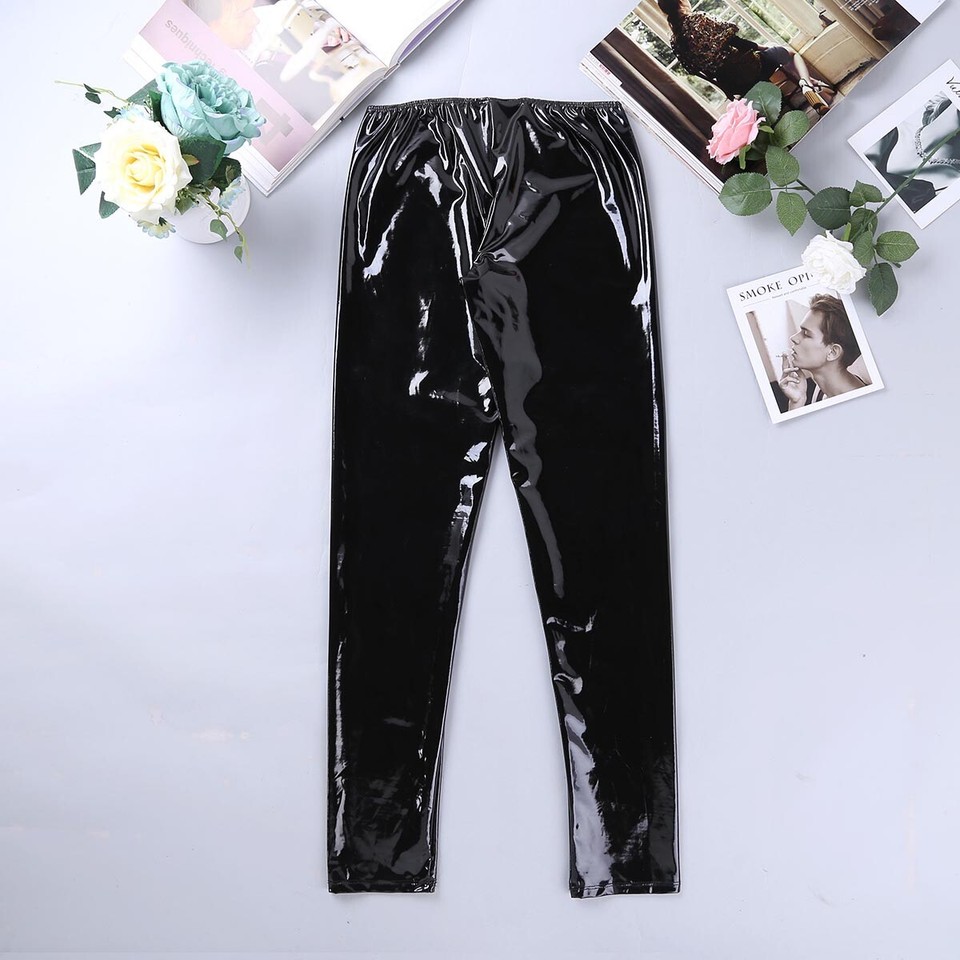 Herren Wetlook Leggings Lack Optik Hose Schritt Offen Strumpfhose Pants ...
