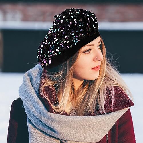 Women Sparkly Sequin Beret Hat Shining French Style Beanie One Size ...