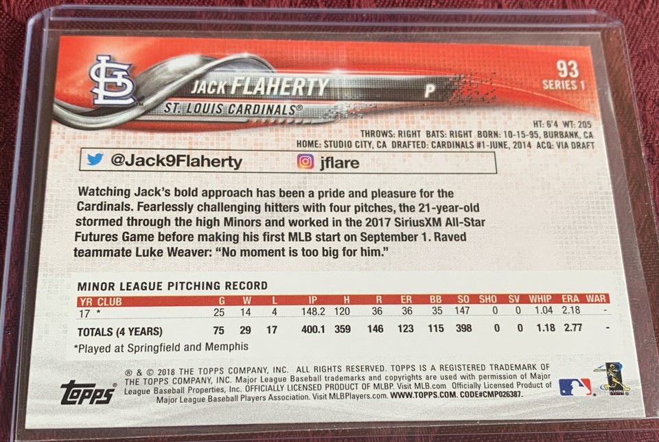 Jack Flaherty 2018 Topps Series 1 RC # 93, St Louis Cardinals Ace | eBay