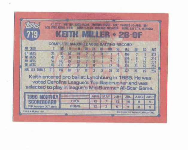 Keith Miller Mets 2B-OF #719 Topps 1991 Baseball Card | eBay