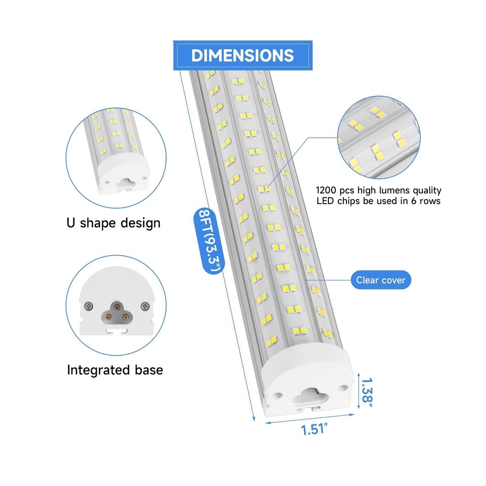 8FT U Shape 125W Integrated Tube Bright LED Light, 6500K Clear White ...