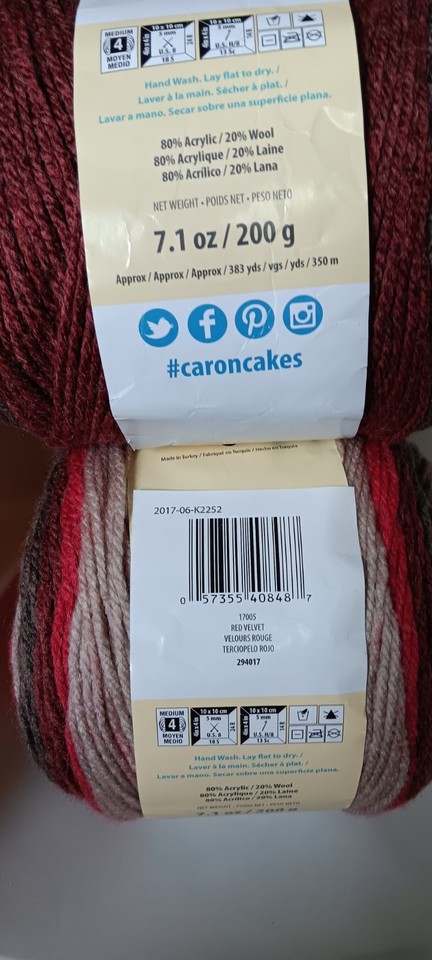 Caron Cakes Yarn 2 Cake Lot Colorway is Red Velvet 7.1 oz. each Cake ...