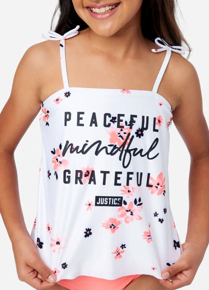 JUSTICE Girls Swimsuit Tankini Floral Black Coral Pink Bikini 10 12 14 ...