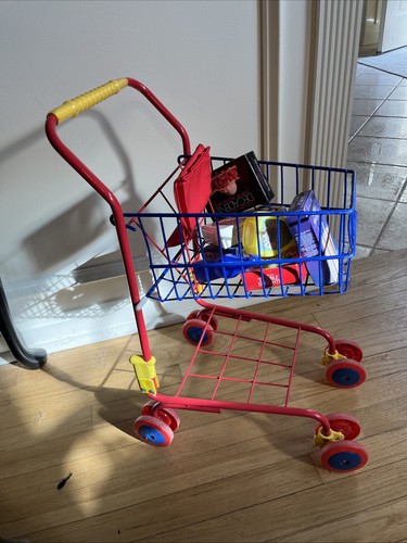 vintage 90s child’s shopping cart blue wire cart/seat red frame w/some ...