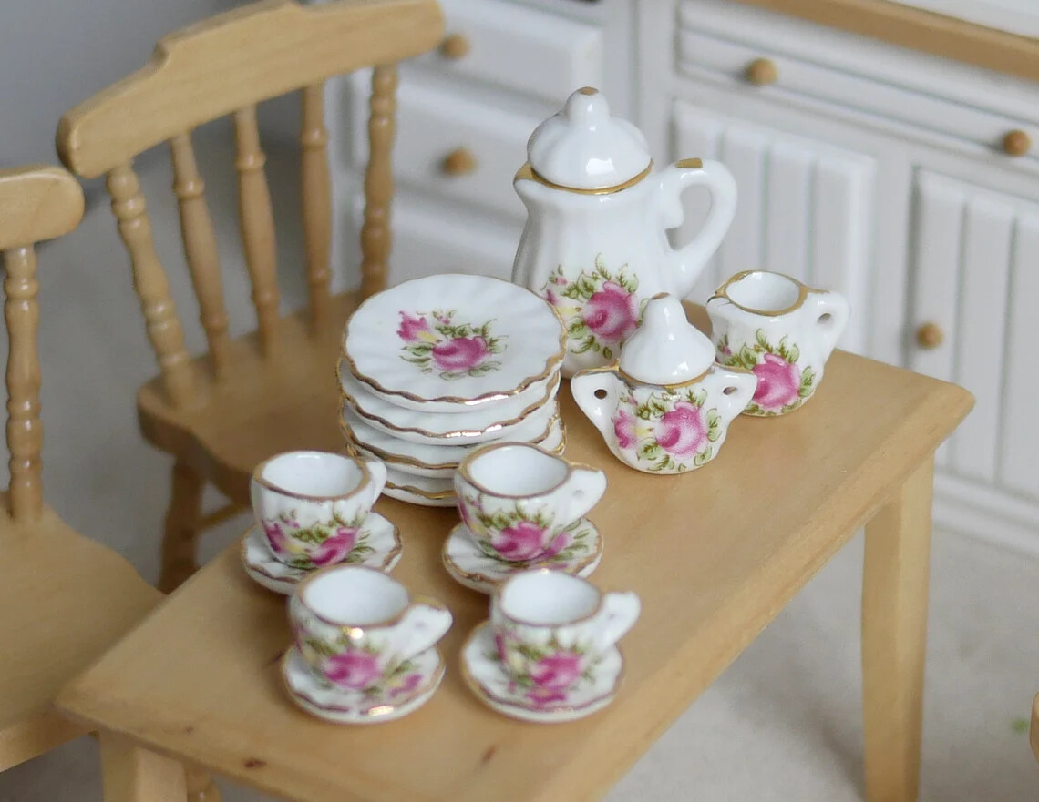 Dollhouse Miniature Porcelain Dinnerware Coffee tea pot cups dish set ...