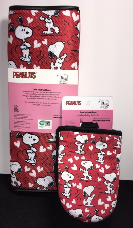 PEANUTS SNOOPY VALENTINES HEARTS ️ 2 DISH DRYING MATS & 2 MINI MITTS ...