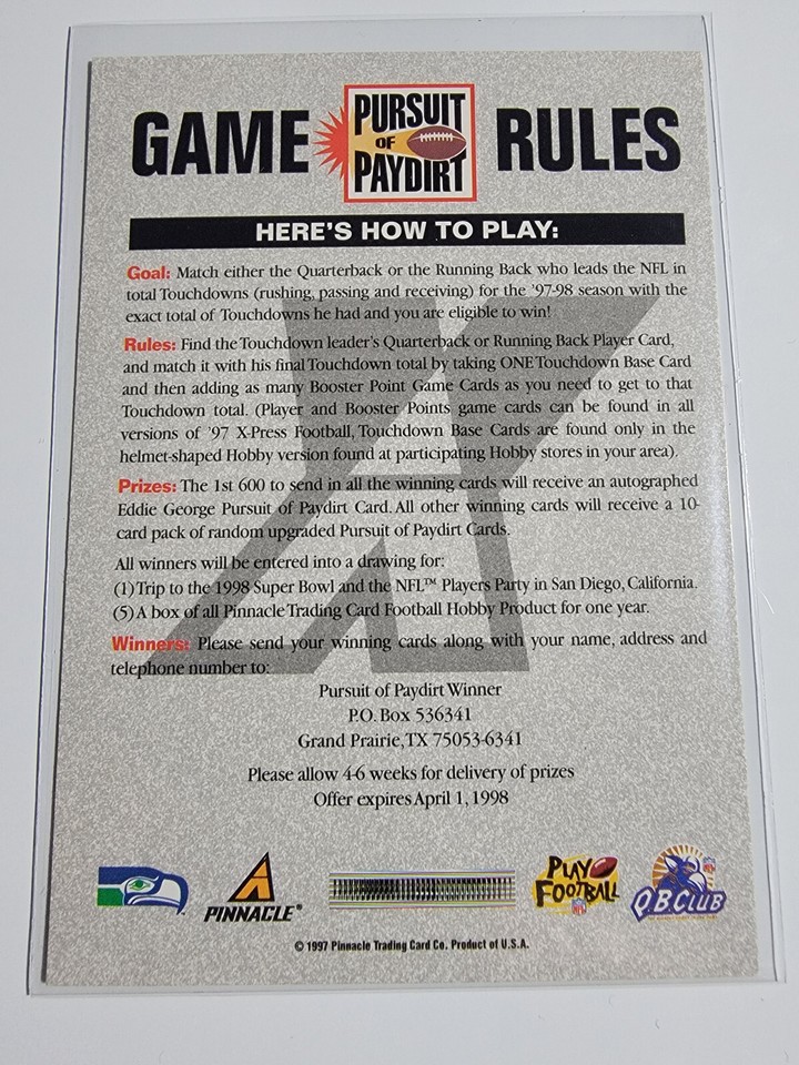 WARREN MOON 1997 Pinnacle Express Pursuit of Paydirt Game Rules Back ...