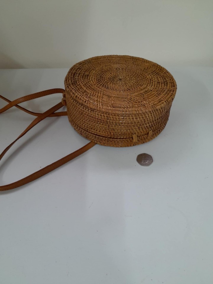 Rattan Round Crossbody Bag Tan Woven Straw Leather Handmade picnic ...