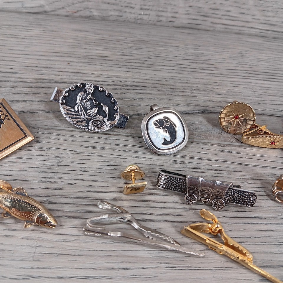 Vintage Hunting Fishing Sportsman Tie Clasps Pins Gold & Silver Tone ...