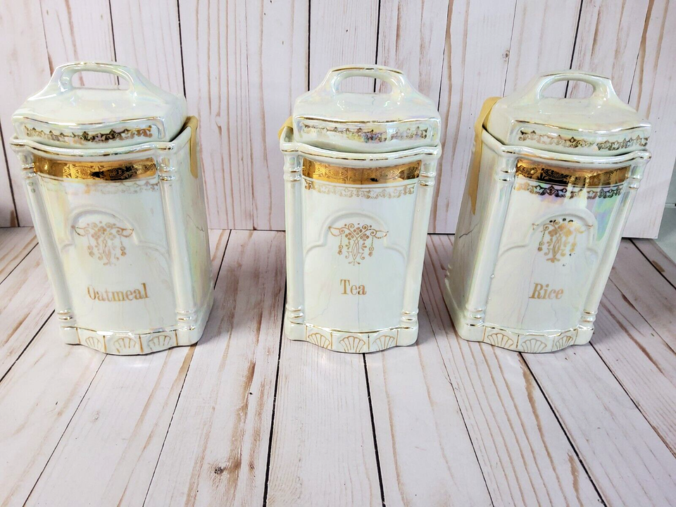 Antique Vtg White Block Germany Lusterware Opalescent 10 PC Canister ...