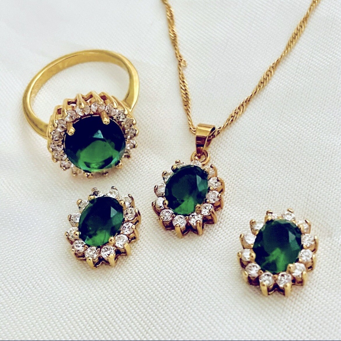 Vintage Faux Emerald Gold Necklace Earrings Ring Set … - Gem