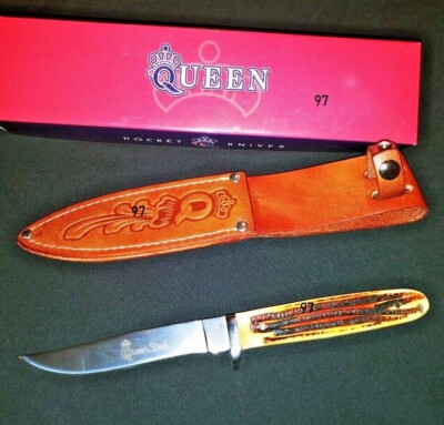 Queen Steel Knife fixed blade Canoe with Bone Handle and Leather belt ...