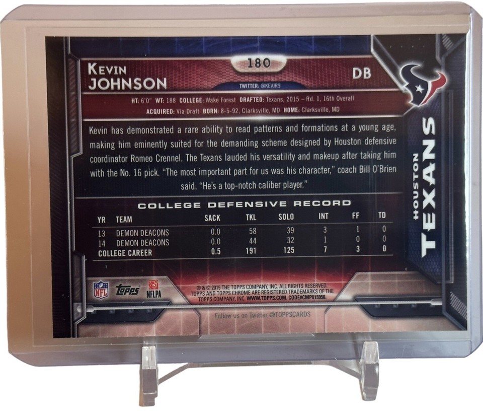 2015 Topps Chrome Kevin Johnson Rookie RC Card #180 Texans W/Top Loader ...