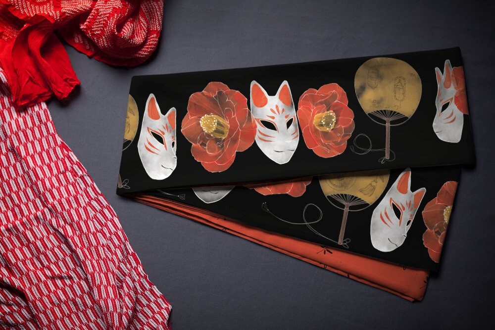 hanhaba obi 'fox mask' / yukata / kimono - Gem