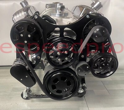 Chevy SBC 350 400 Black Aluminum Complete Serpentine Belt Drive System ...