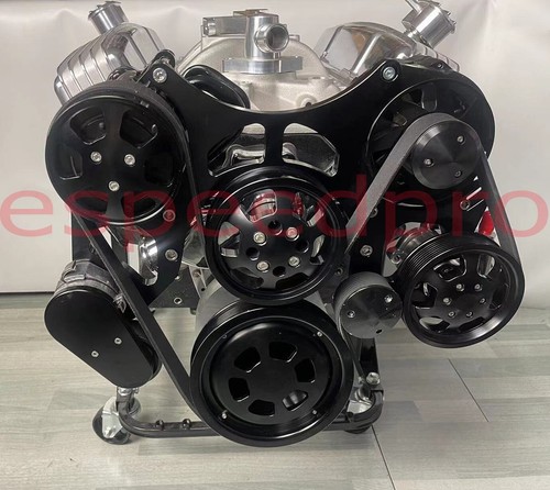 Chevy SBC 350 400 Black Aluminum Complete Serpentine Belt Drive System ...