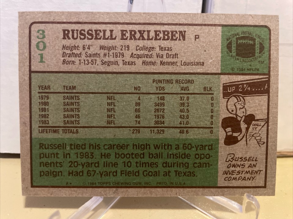Russell Erxleben -Texas Longhorns- New Orleans Saints Autographed Card ...