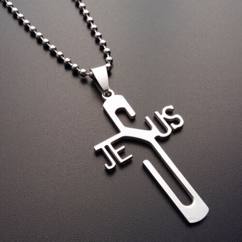 Jesus Name Cross Pendant Necklace Womens Mens Stainless Steel Christian ...