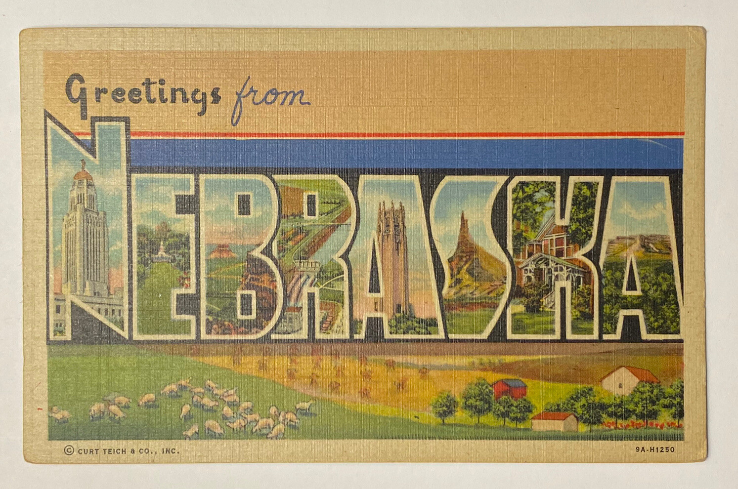 Greetings from Nebraska Teich Large Letter Linen Postcard Vintage ...