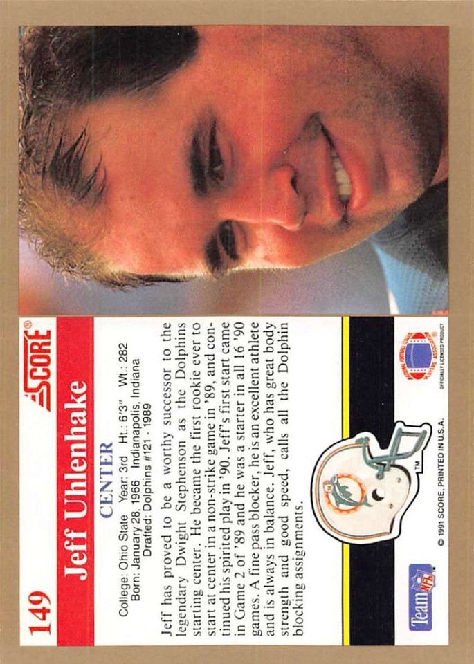 1991 Score #149 Jeff Uhlenhake EX Excellent Dolphins | eBay