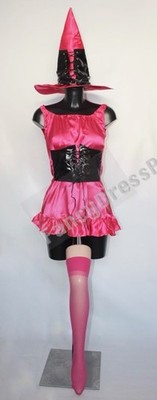 Pink Satin Witch Costume Halloween Black PVC Fancy Dress Hat ...