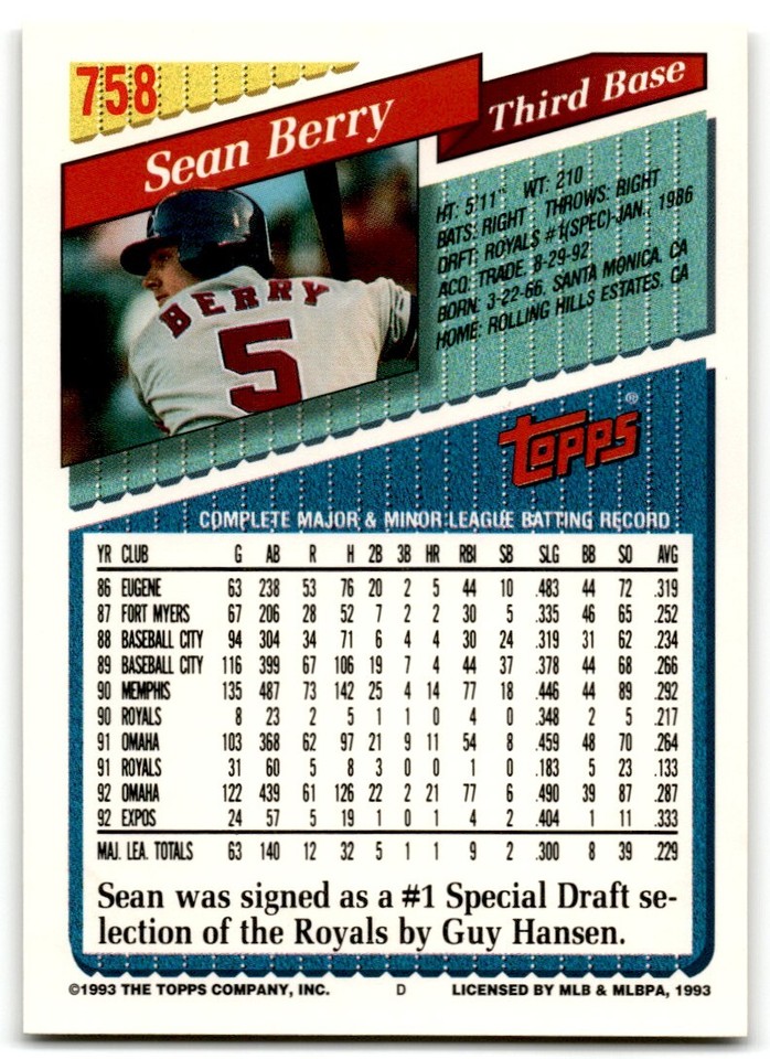 1993 Topps Gold Sean Berry Montreal Expos #758 | eBay