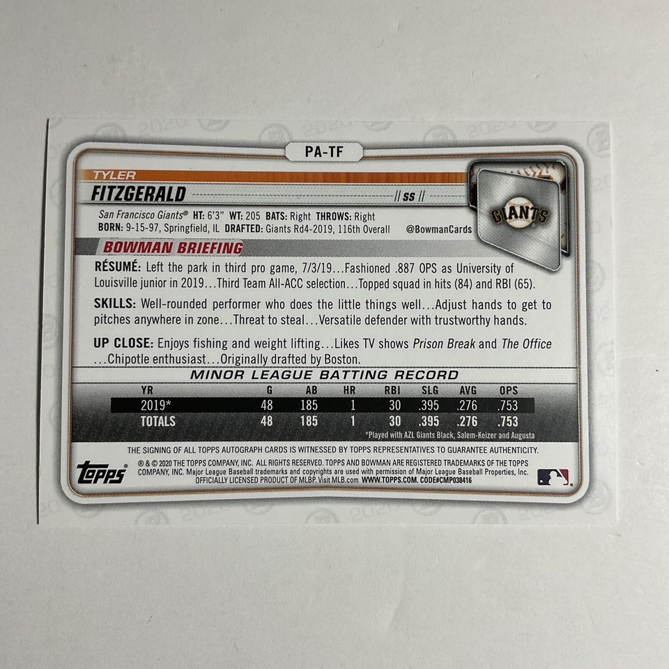 2020 Bowman Tyler Fitzgerald Paper Prospect Auto Autograph #PA-TF ...