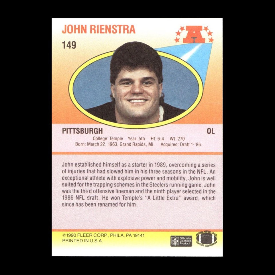 John Rienstra 1990 Fleer Rookie Pittsburgh Steelers #149 R325B 51 | eBay