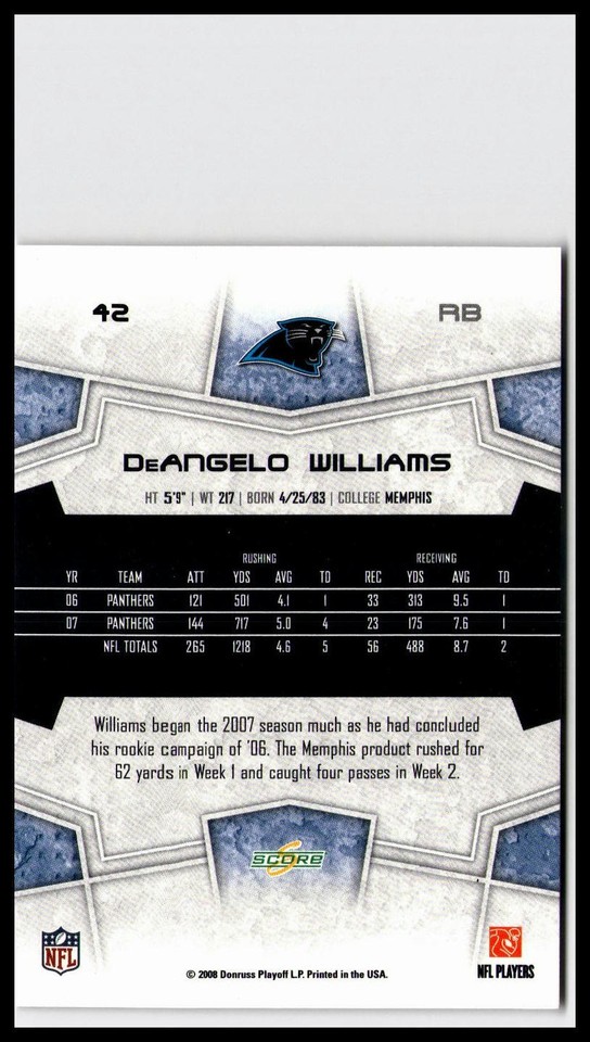 2008 Score #42 DeAngelo Williams Carolina Panthers | eBay