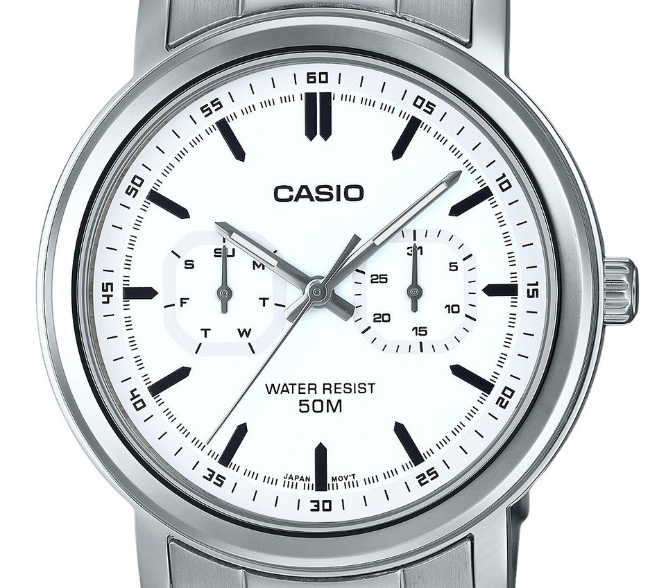 Casio MTP-E335D-7EV Stainless Steel White Dial Day/Date Quartz Analog ...