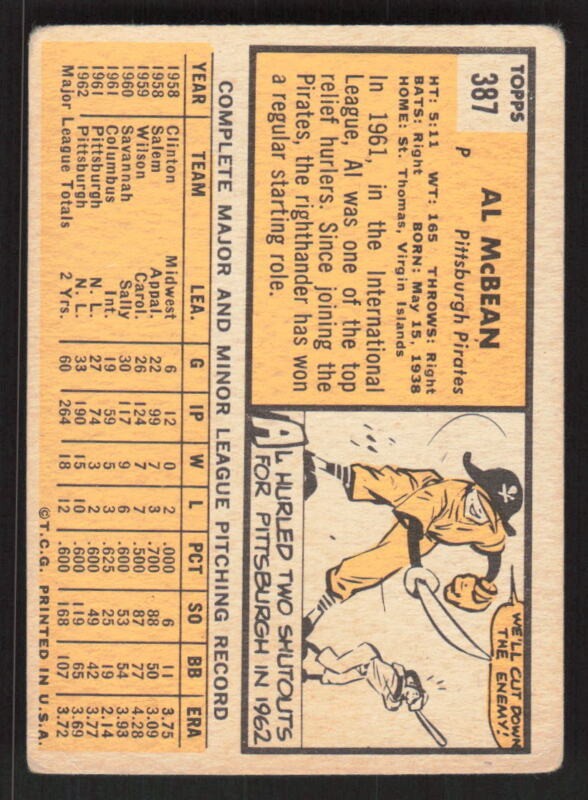 1963 TOPPS AL MCBEAN 387 GOOD BASEBALL PITTSBURGH PIRATES | eBay