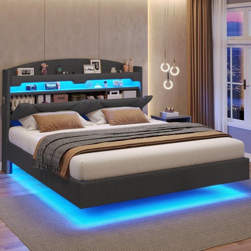 Full Size Floating Bed Frame with RGB LED Lights &Charging Station ...