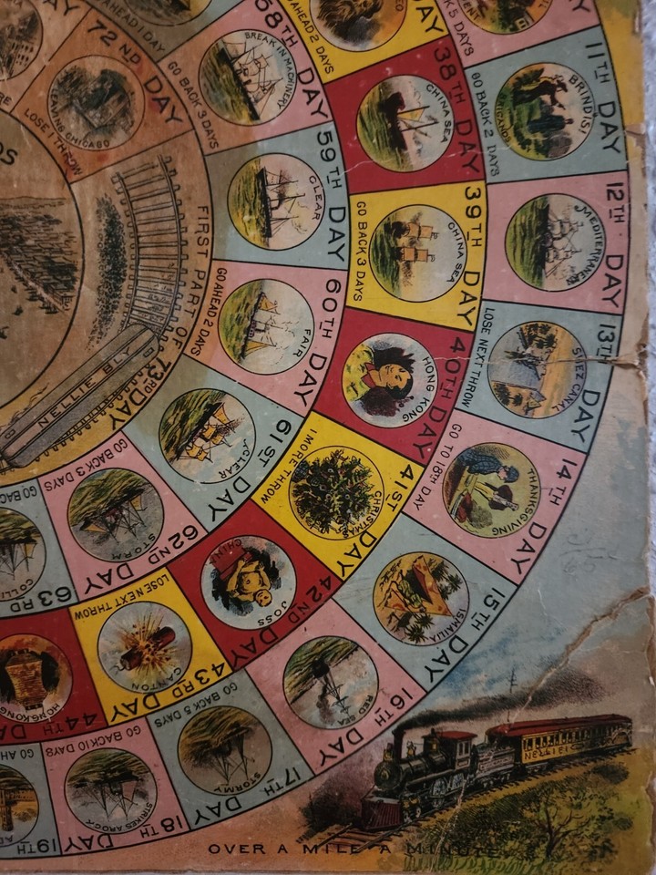 Antique Game Board The World's Globe Circler by Jules Vern Nellie Bly ...