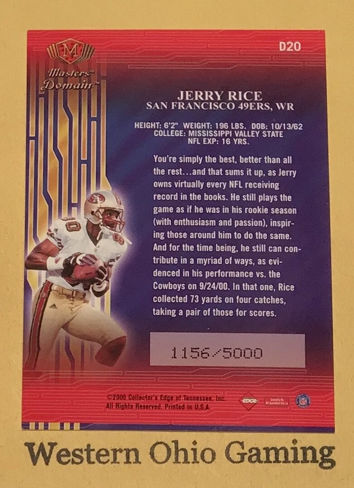 2000 Collector's Edge Masters Jerry Rice #D20 Masters Domain #1156/5000 ...