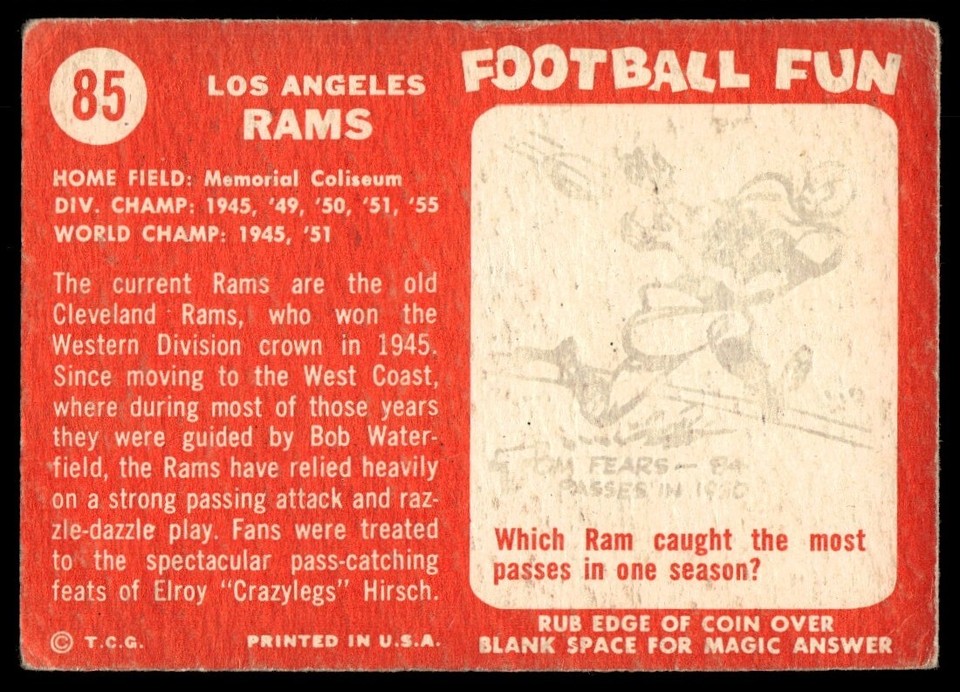 1958 Topps Football Card Team Photo Los Angeles Rams #85 EX | eBay