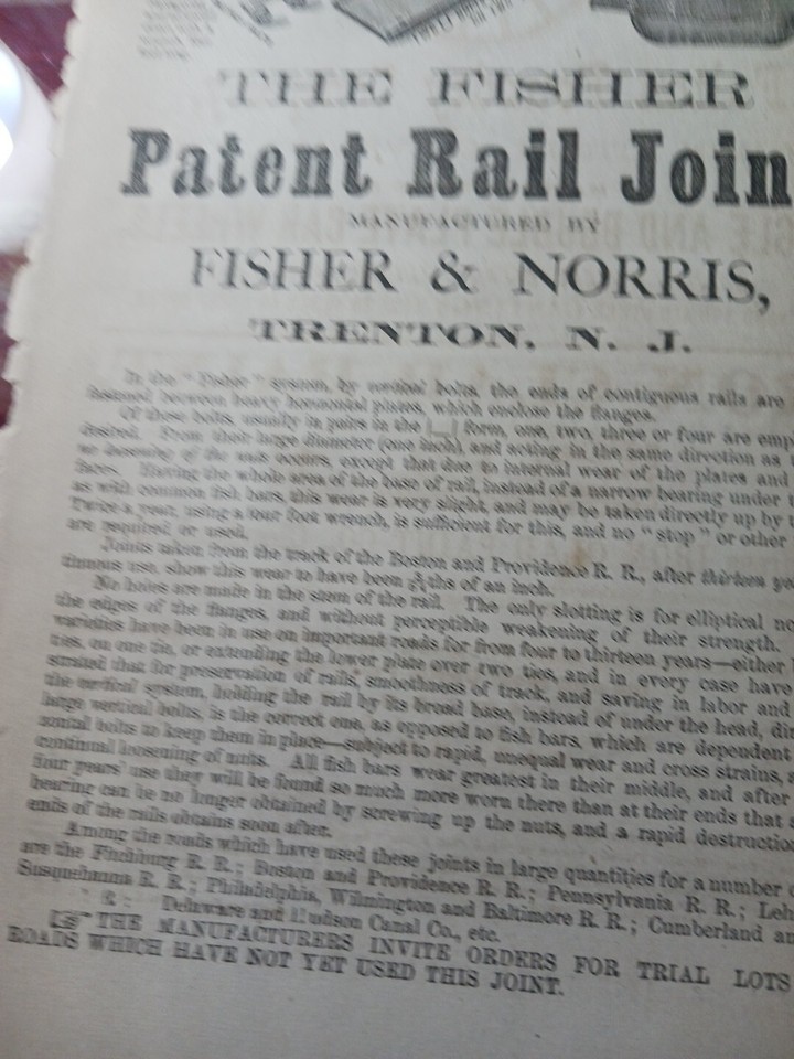 1874 railroad Advertising Fisher Patent Rail Joint Fisher & Norris ...