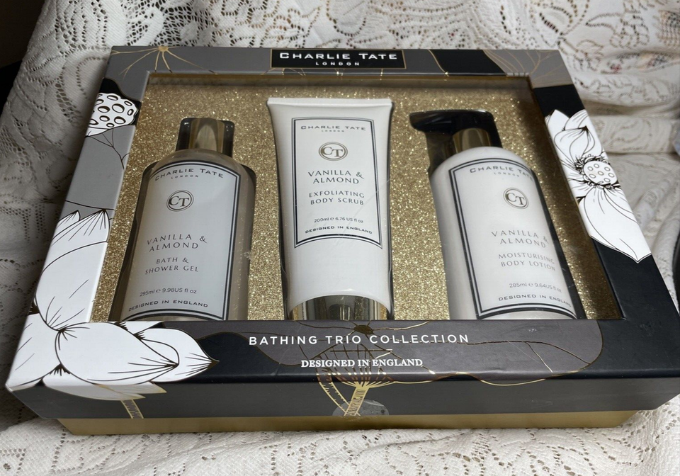 NEW CHARLIE TATE LONDON VANILLA ALMOND SHOWER,BODY SCRUB ,LOTION FULL ...