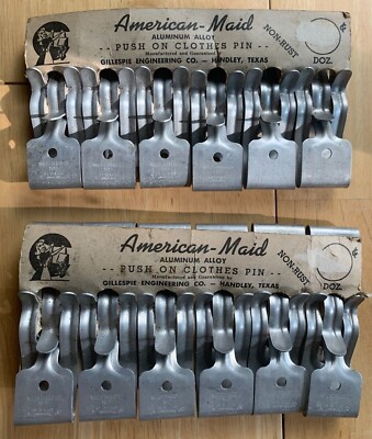 24 AMERICAN-MAID CLOTHESPINS CLOTHES PINS ALUMINUM CARD Gillespie NOS ...