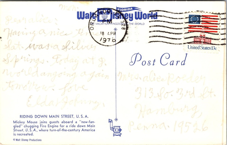Walt Disney World Main Street Fire Engine Ride Postcard 1970 | eBay UK