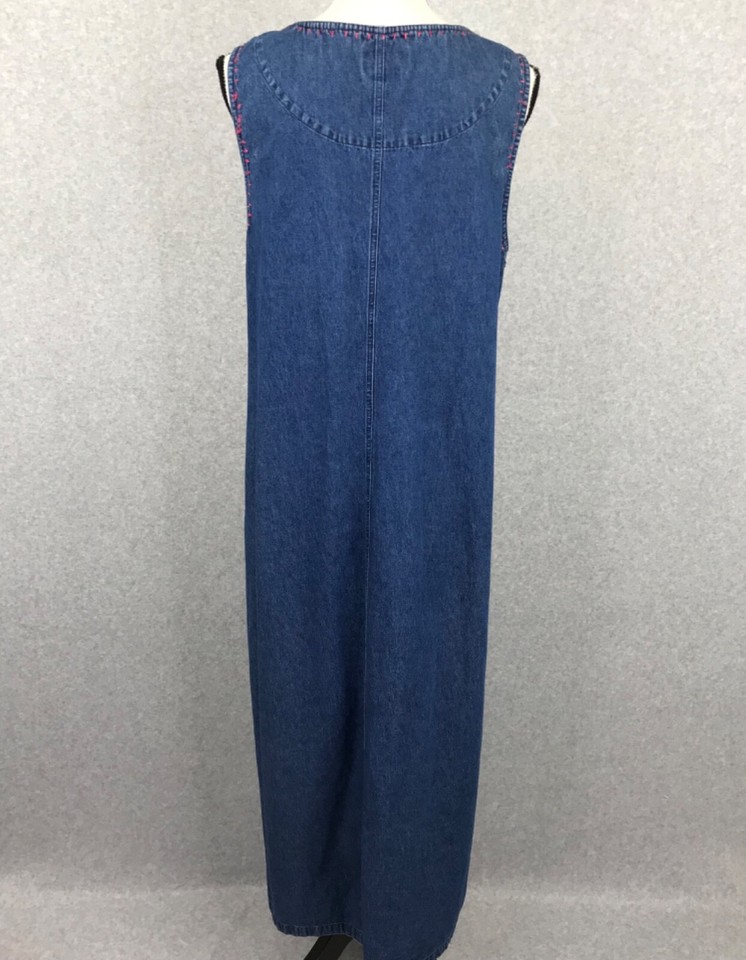 Erika & Co Maxi Denim Sleeveless Dress Embroidered Flower Size L Side ...