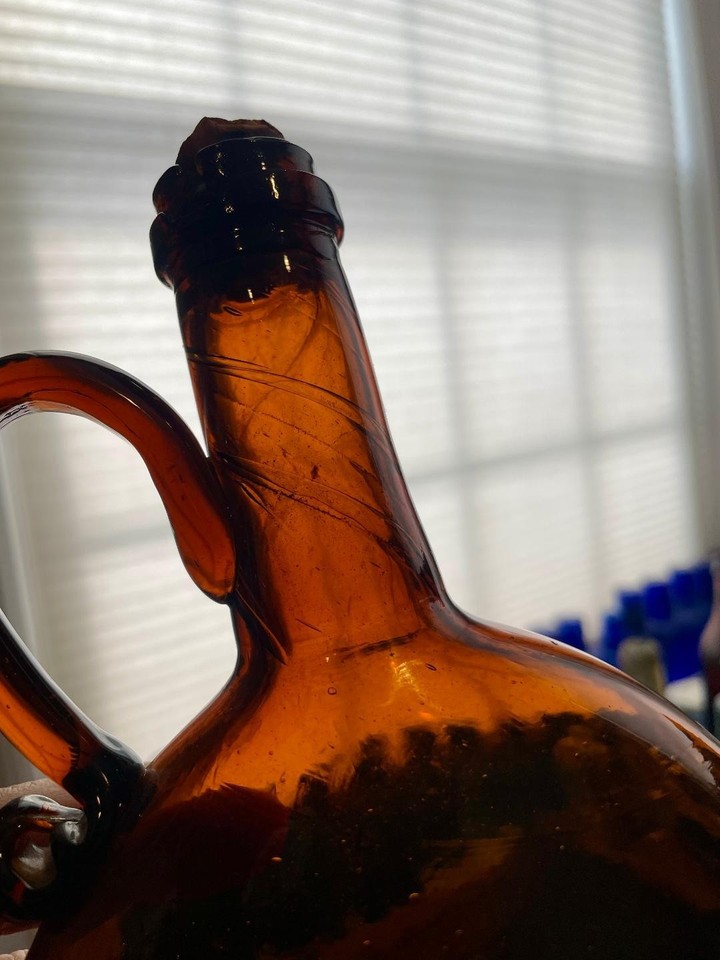 Open Pontil Chestnut Whiskey Flask Hand Blown Applied Lip Handle Pre ...